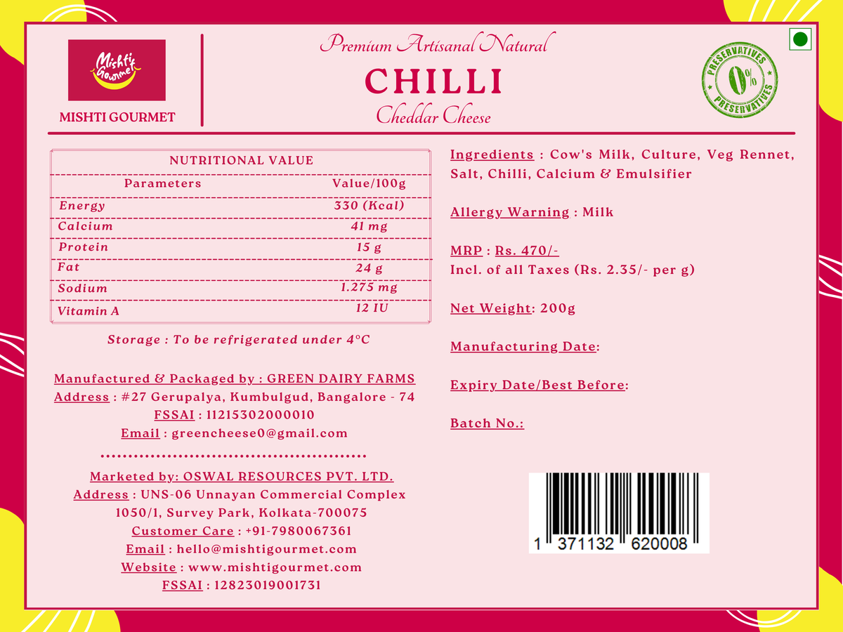 Mishti Gourmet Premium Artisanal Natural Chilli Cheddar Cheese 200g